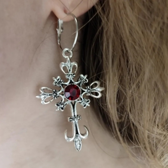 Jewelry | 2xhp Nwt Beautiful Goth Silver With Red Stone Elaborate Cross ...